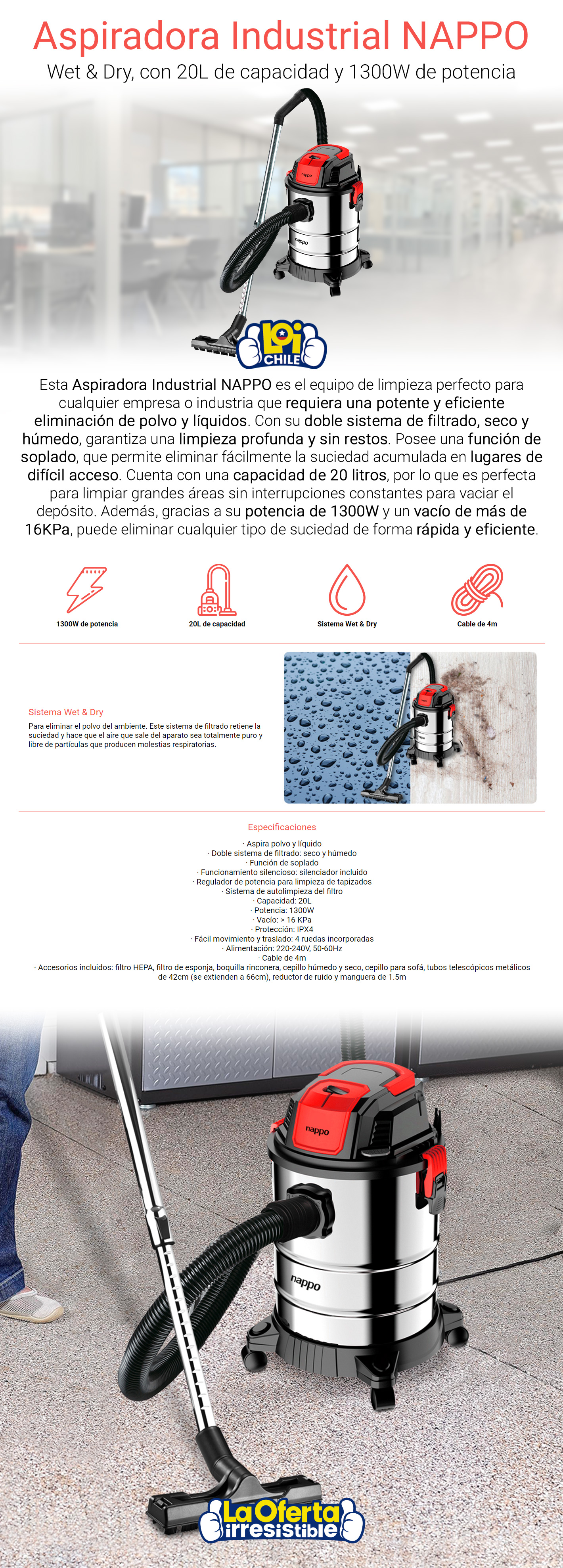 NAPPO Aspiradora Industrial Polvo y Agua Nappo 20L 1300w | falabella.com