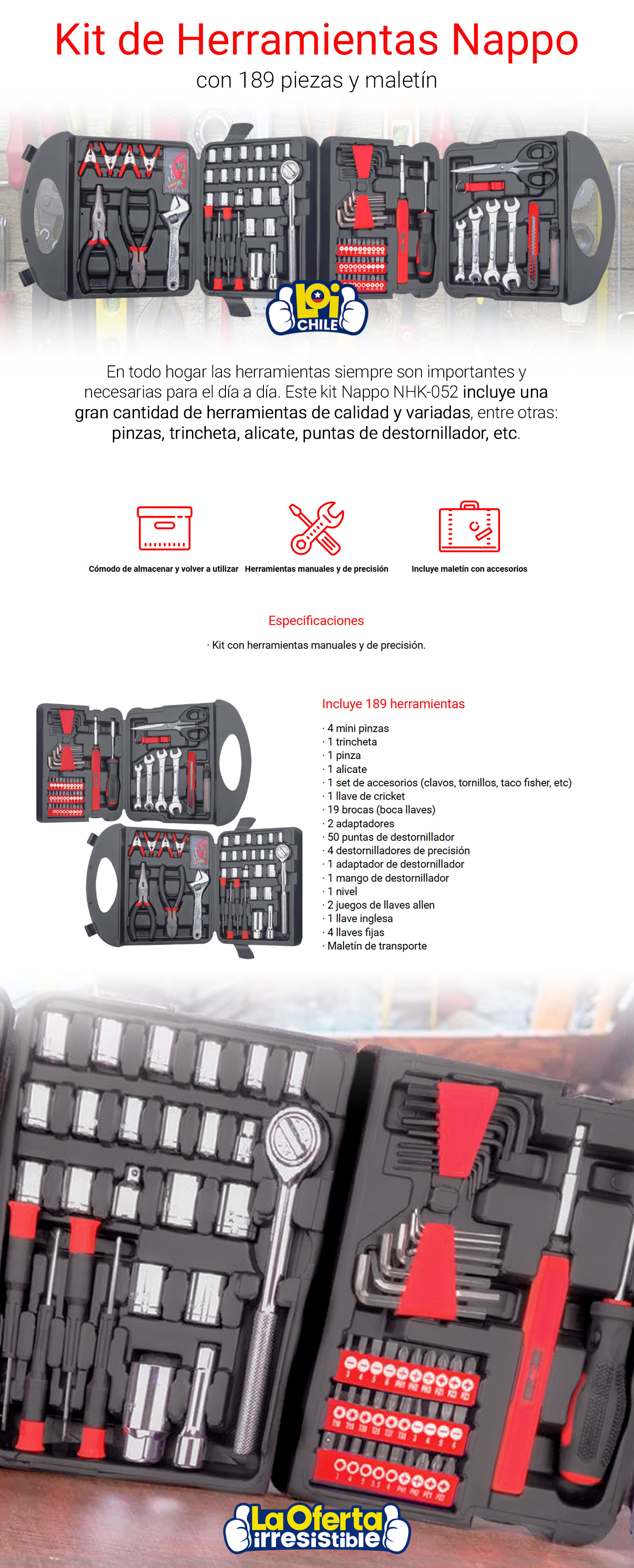 Kit de Herramientas Nappo 189 Piezas y Maletín | Sodimac - Falabella