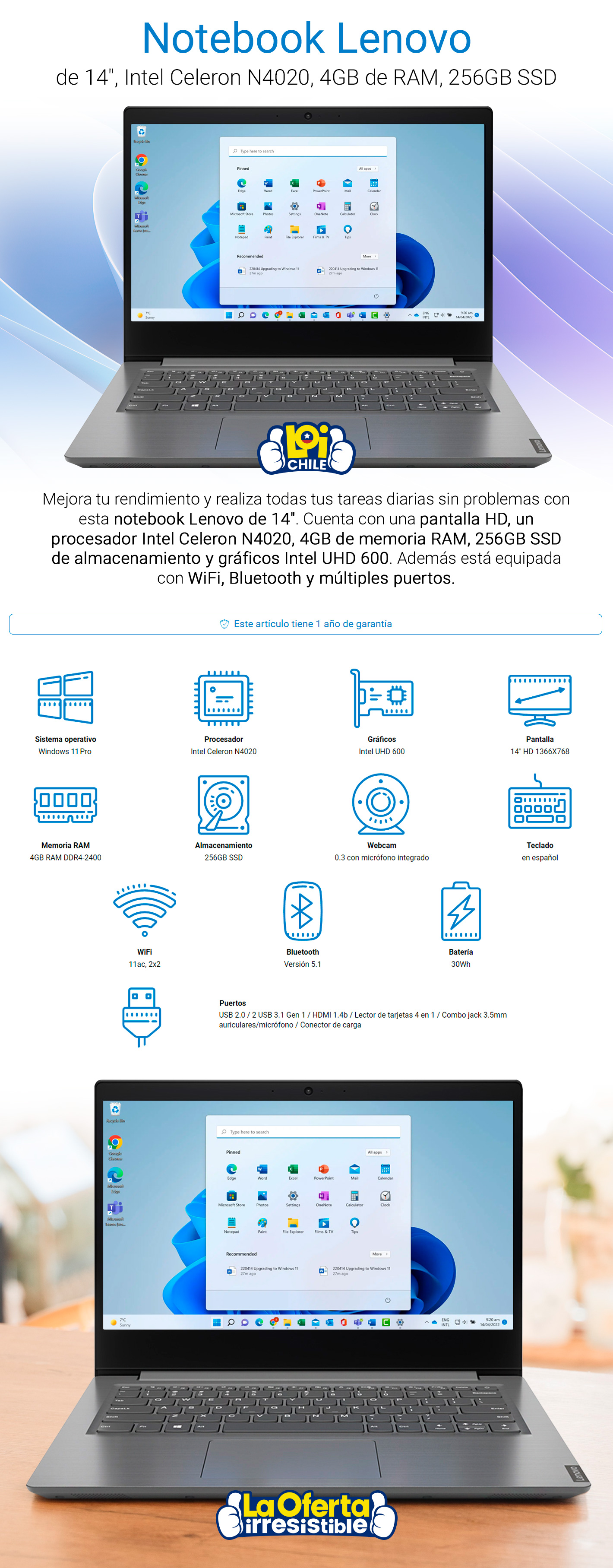 LENOVO Notebook Lenovo V14 Intel N4020 14" 256GB SSD 4GB W11 Pro ...