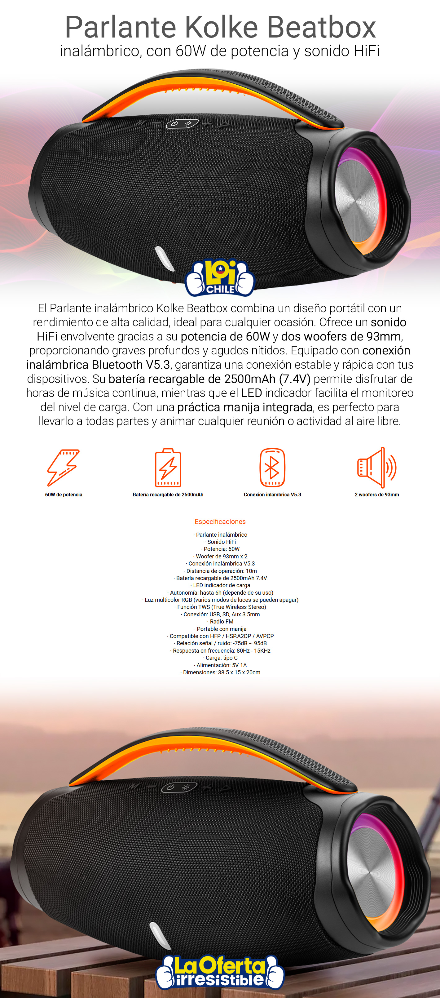 Kolke Parlante Inalámbrico Kolke Beatbox 60w Sonido Hifi 2 Woofers