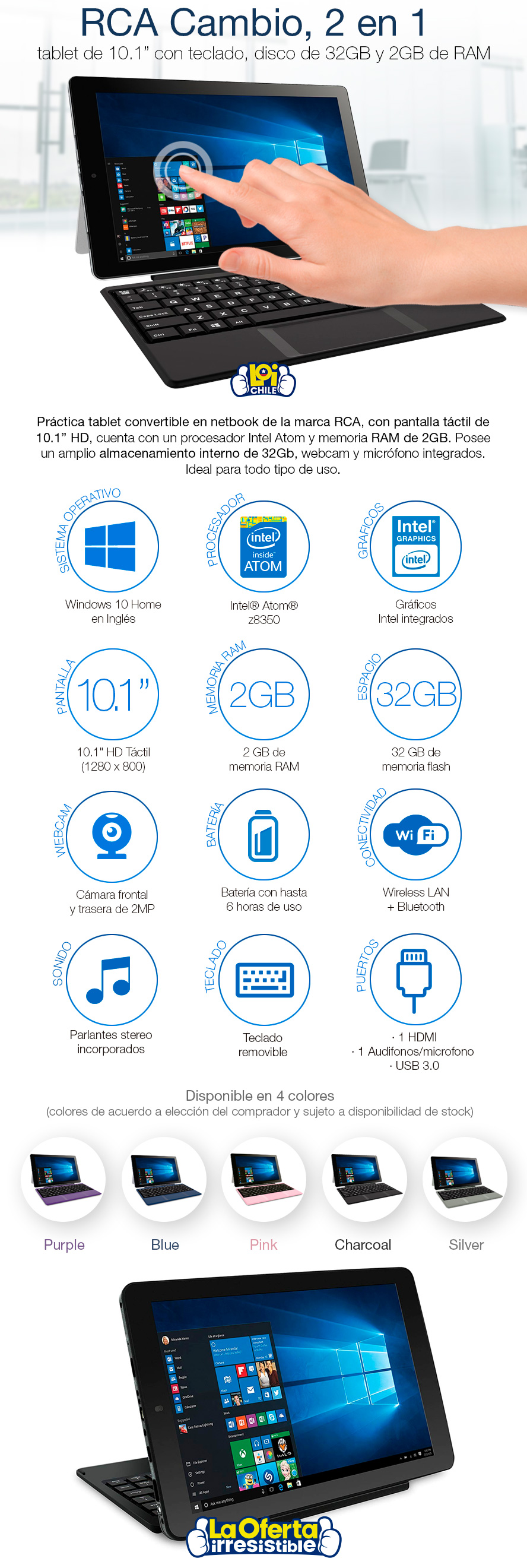 TABLET RCA CAMBIO 2 EN 1 CON TECLADO, 10,1'', INTEL ATOM, 2GB, 32GB HDD ...