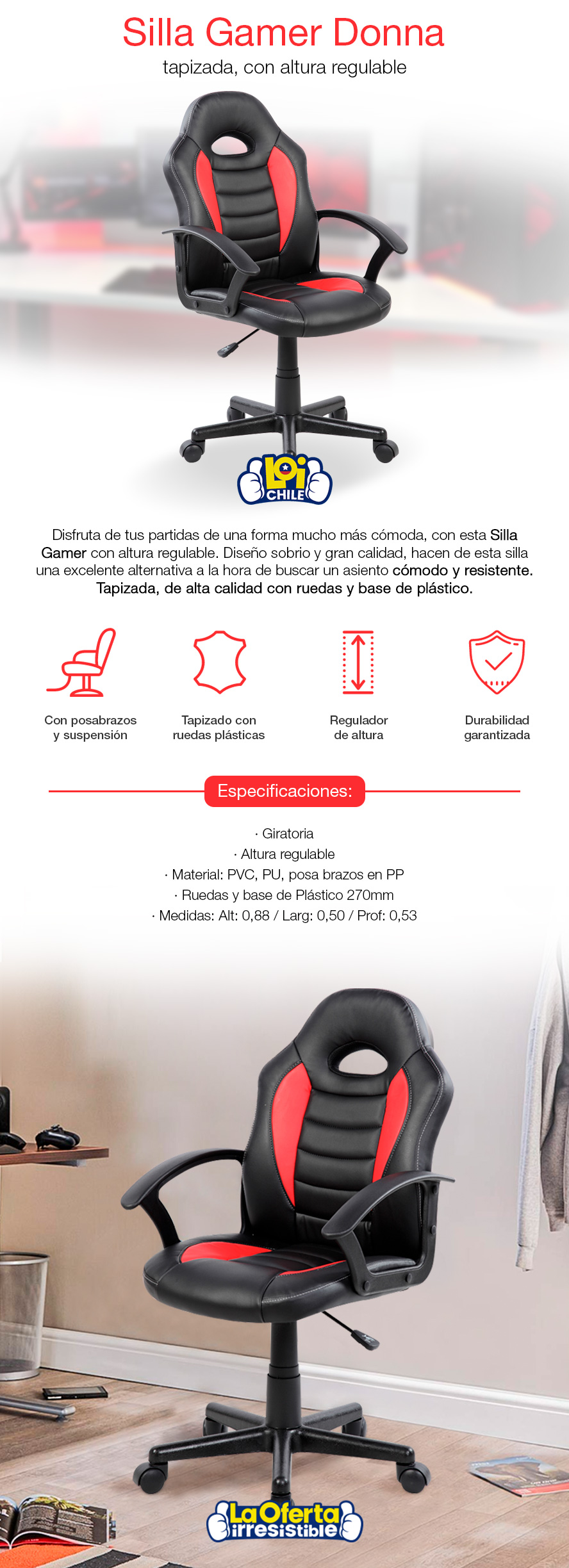 Ripley - SILLA GAMER DONNA TAPÍZADA ERGONÓMINA Y ALTURA AJUSTABLE
