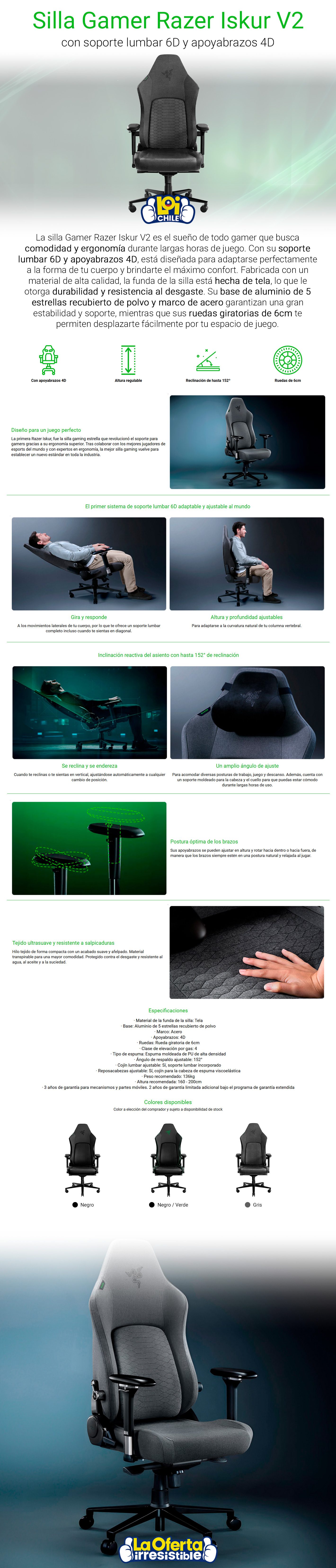 RAZER Silla Gamer Razer Iskur V2 Dark Grey Fabric | falabella.com